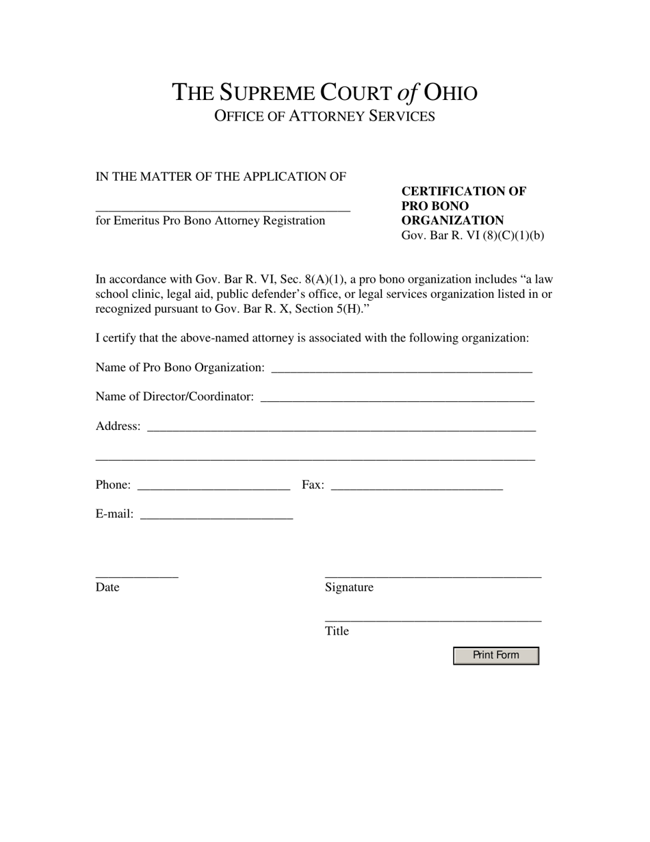 Ohio Certification of Pro Bono Organization - Fill Out, Sign Online and ...