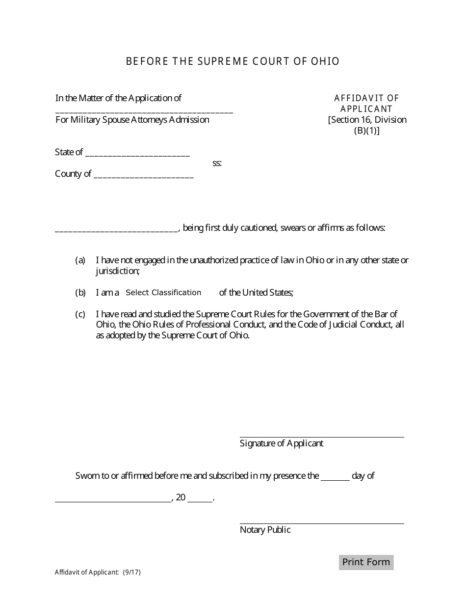 Ohio Military Spouse Attorneys Admission Affidavit of Applicant - Fill ...