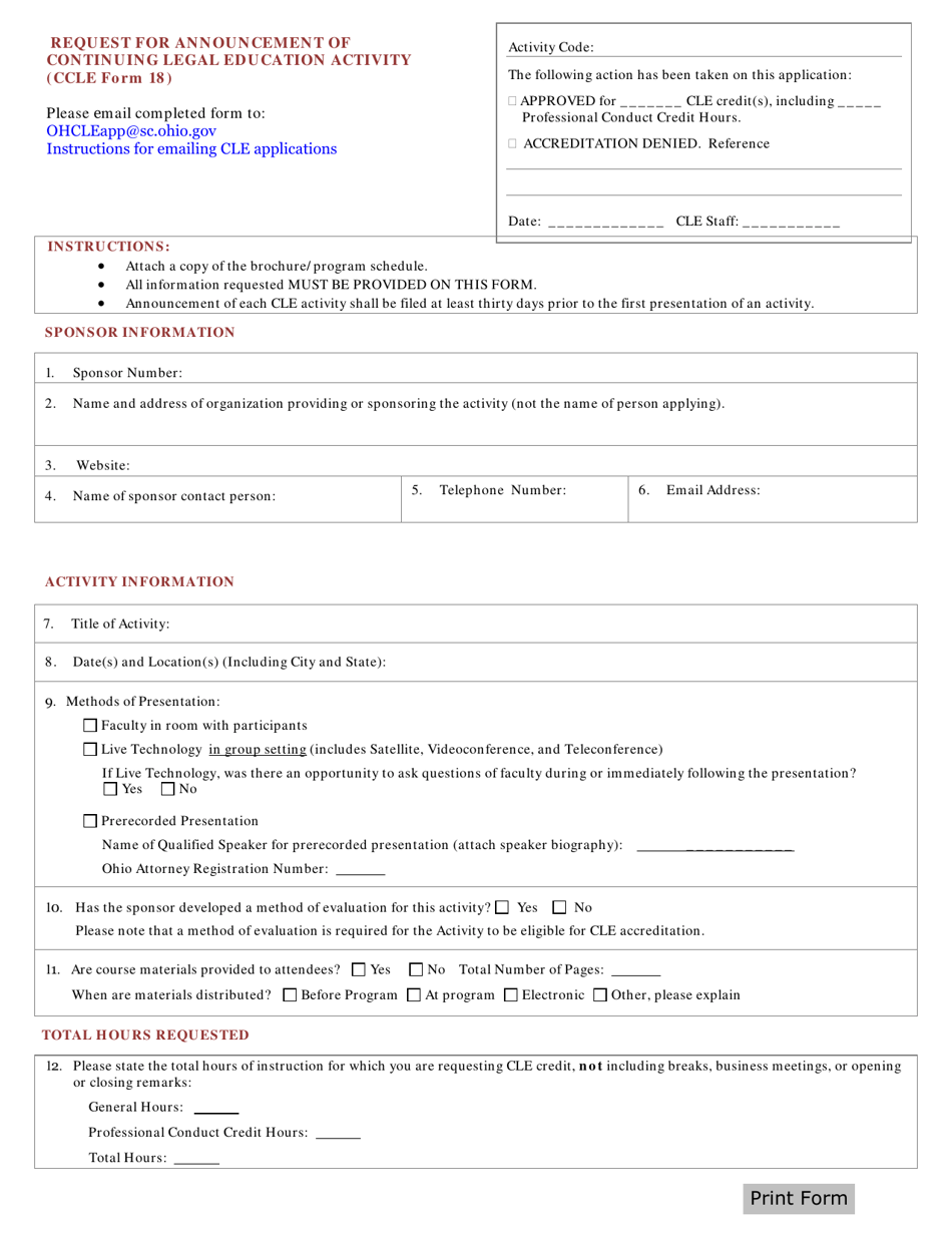 CCLE Form 18 - Fill Out, Sign Online and Download Fillable PDF, Ohio ...