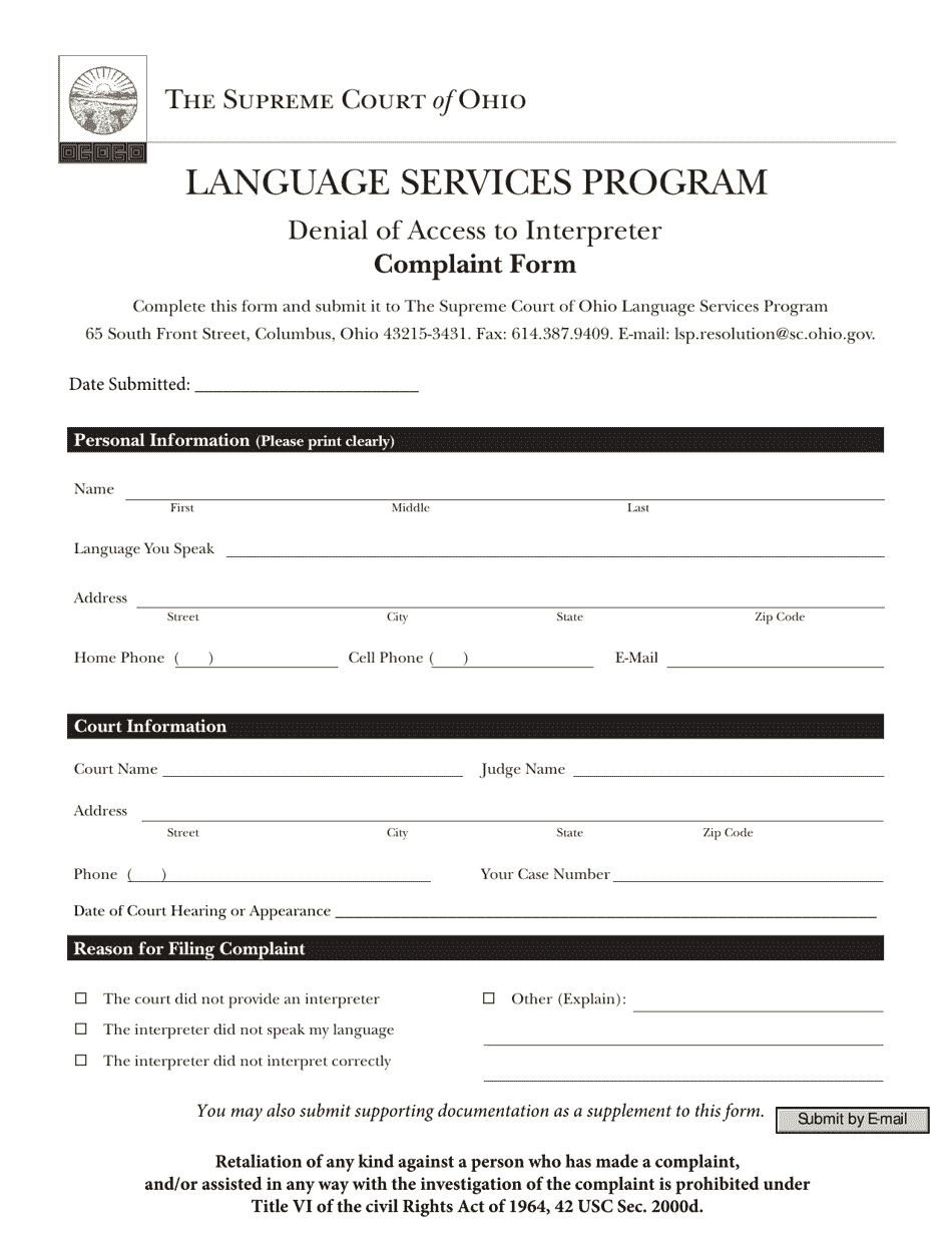 Ohio Denial of Access to Interpreter Complaint Form - Language Services ...