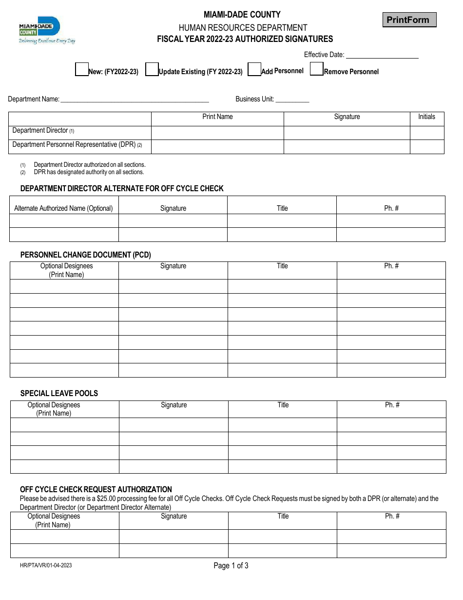 2023 Miami-Dade County, Florida Authorized Signatures Download Fillable ...