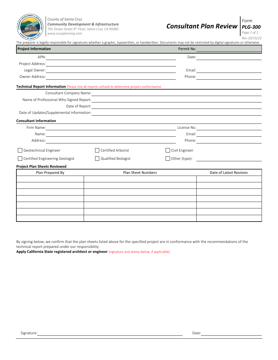 Form PLG-300 - Fill Out, Sign Online and Download Fillable PDF, Santa ...