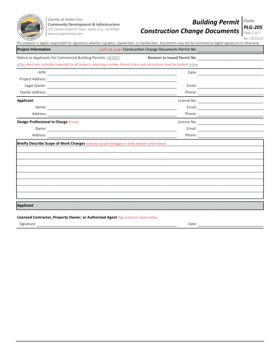 Form PLG-205 - Fill Out, Sign Online and Download Fillable PDF, Santa ...