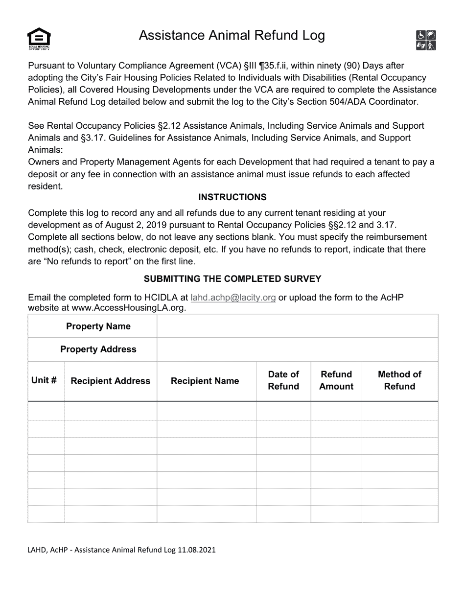 City of Los Angeles, California Assistance Animal Refund Log - Fill Out ...