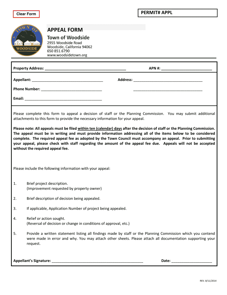 Town of Woodside, California Appeal Form - Fill Out, Sign Online and Download PDF | Templateroller