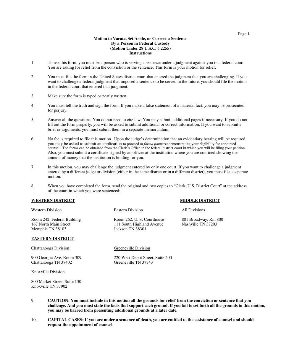 Tennessee Motion Under 28 U.s.c. 2255 to Vacate, Set Aside, or Correct ...