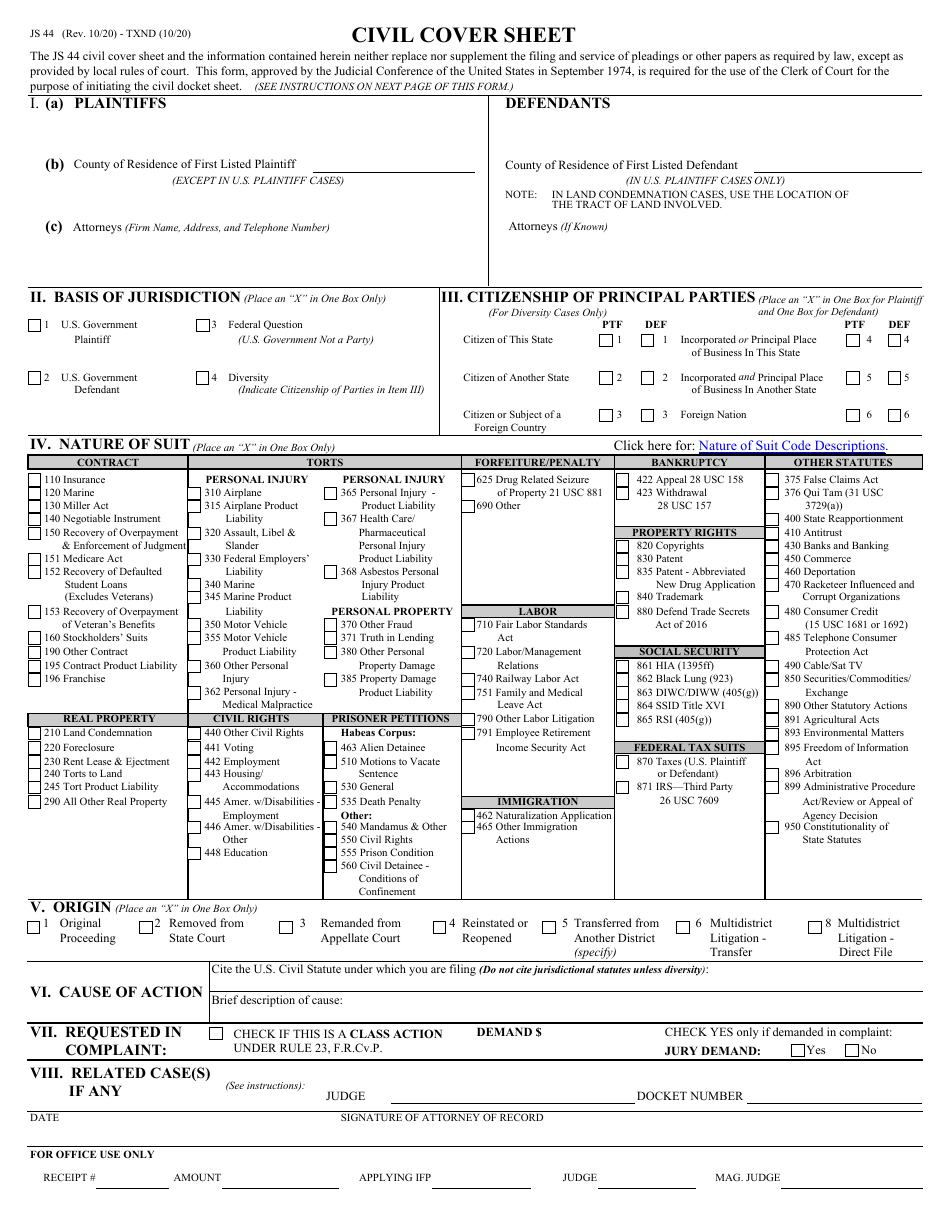 Form JS44 - Fill Out, Sign Online and Download Fillable PDF, Texas ...