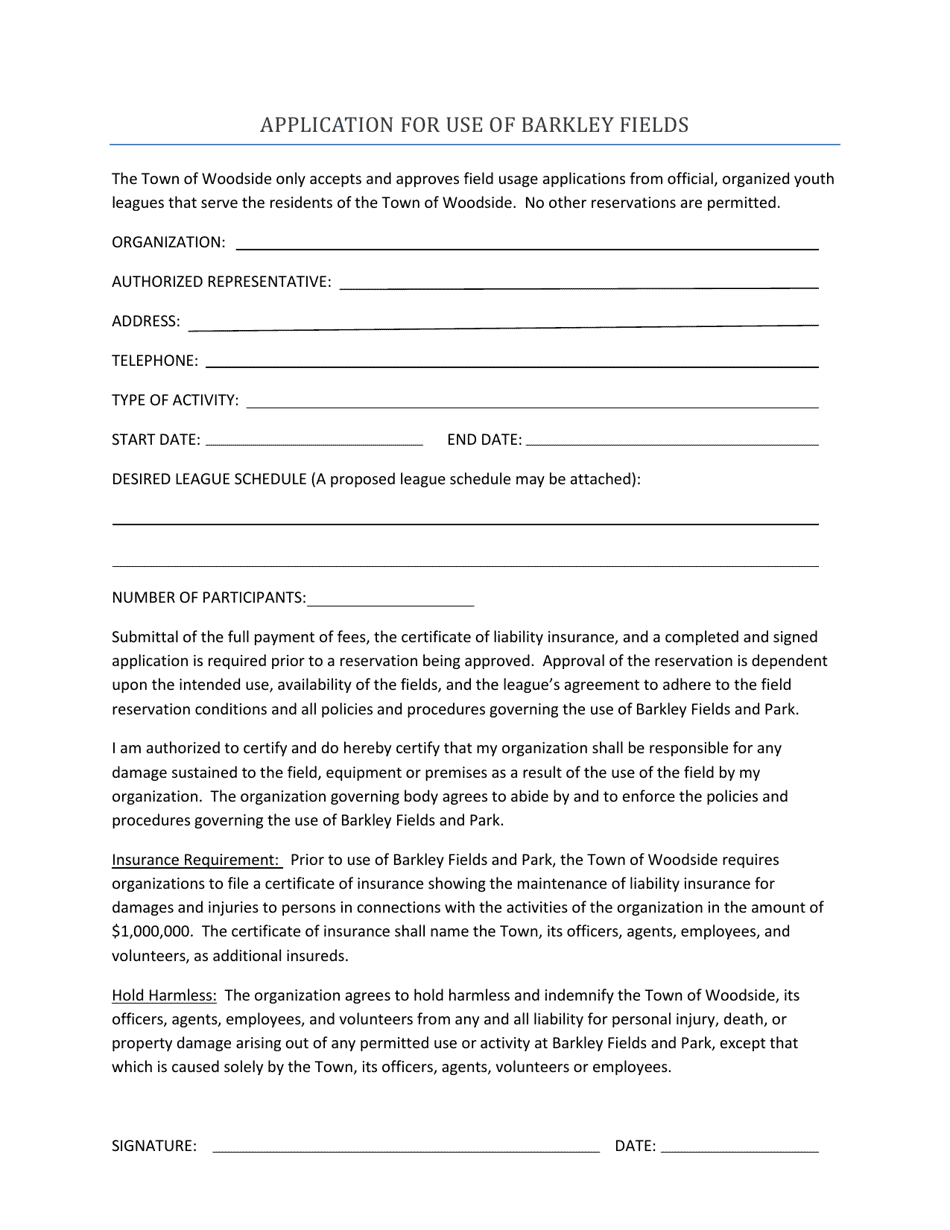 Town of Woodside, California Application for Use of Barkley Fields ...