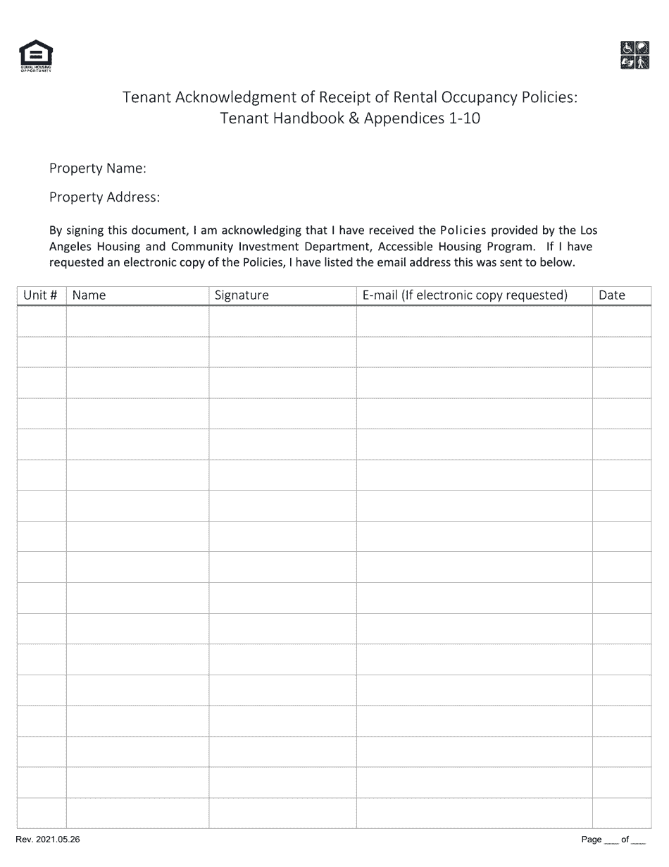 City of Los Angeles, California Tenant Acknowledgment of Receipt of ...