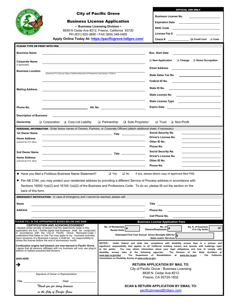 City of Pacific Grove, California Business License Application - Fill Out, Sign Online and ...