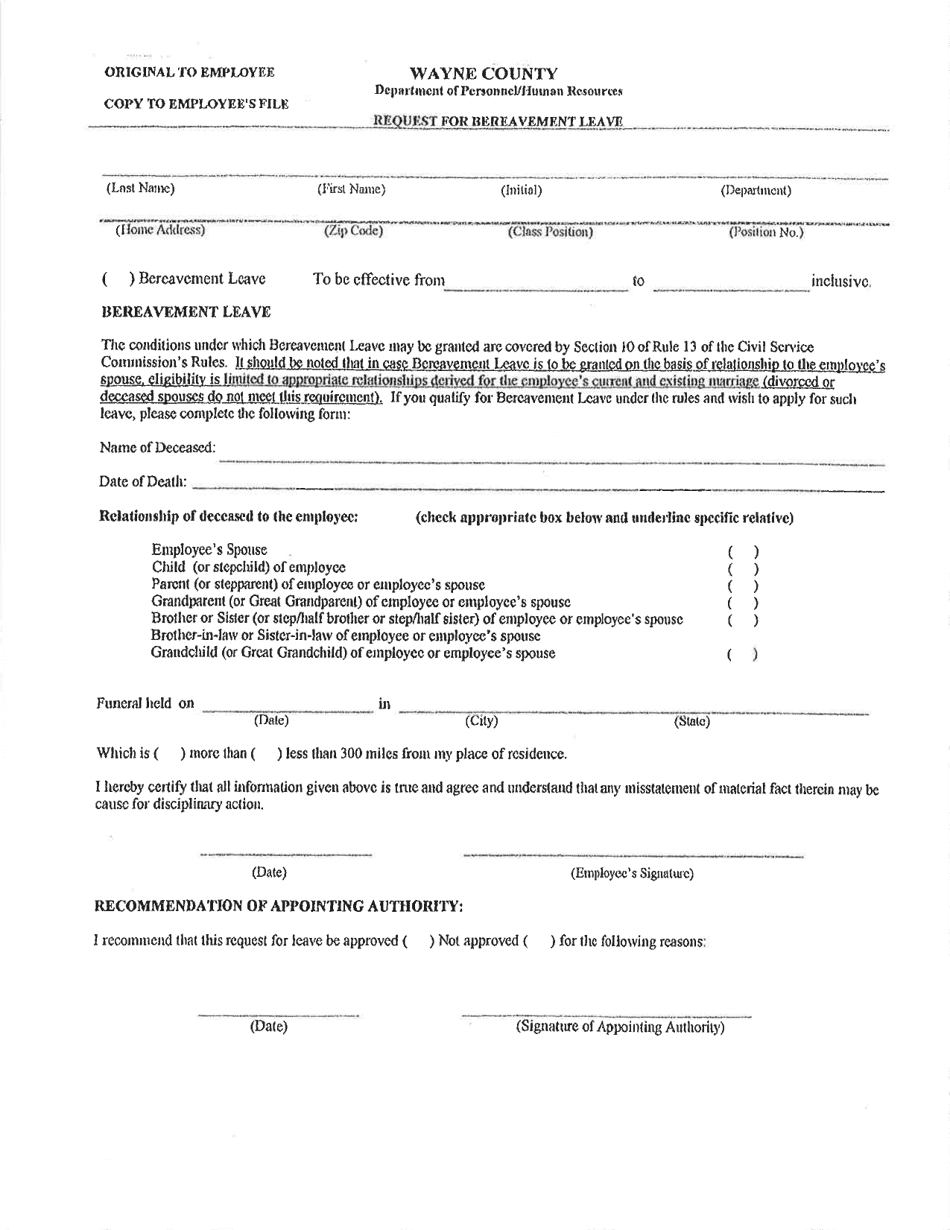Wayne County, Michigan Request for Bereavement Leave - Fill Out, Sign ...