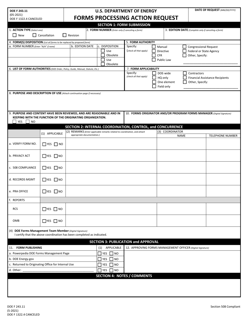 Form DOE F243.11 - Fill Out, Sign Online and Download Fillable PDF ...