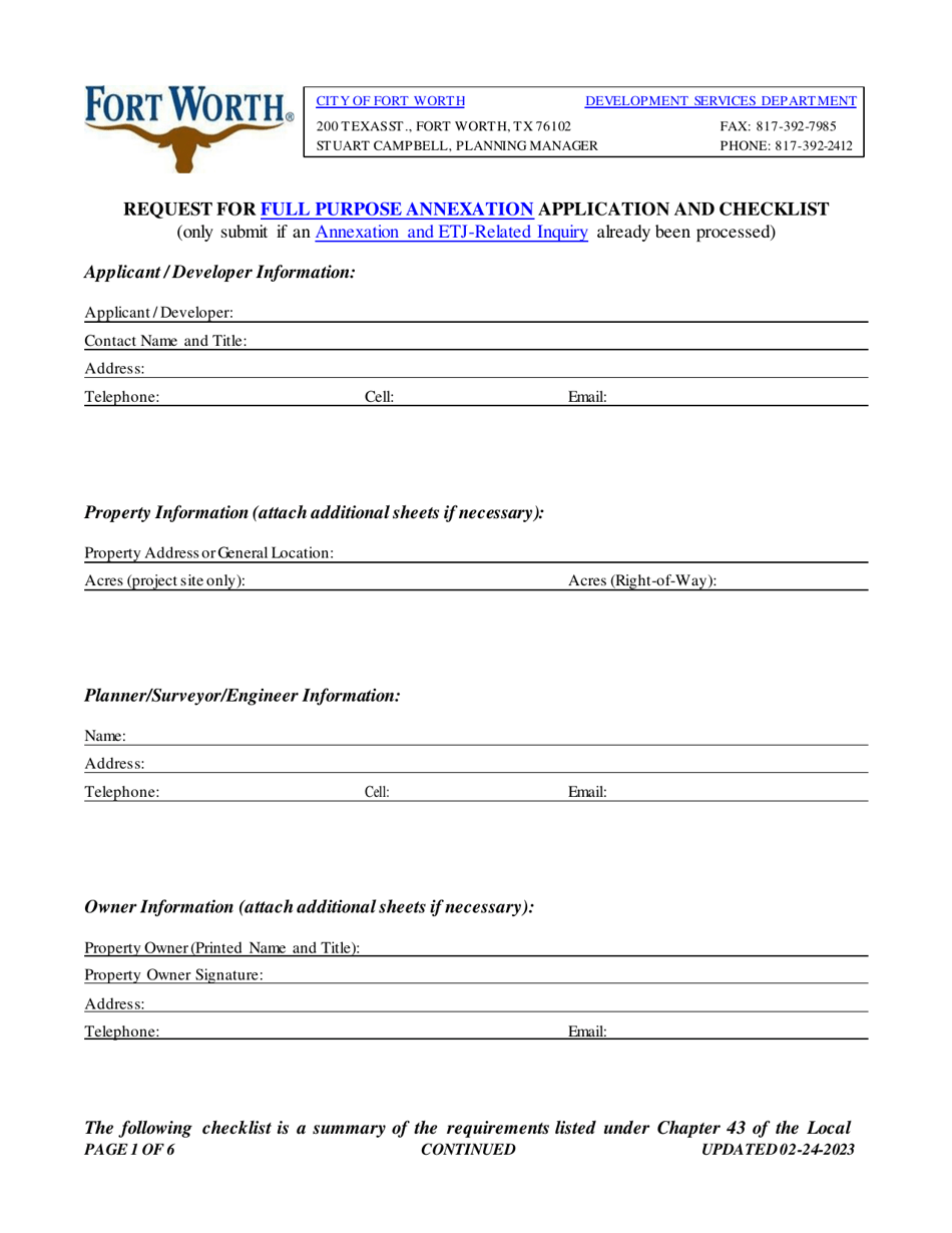 City of Fort Worth, Texas Request for Full Purpose Annexation Application and Checklist - Fill ...