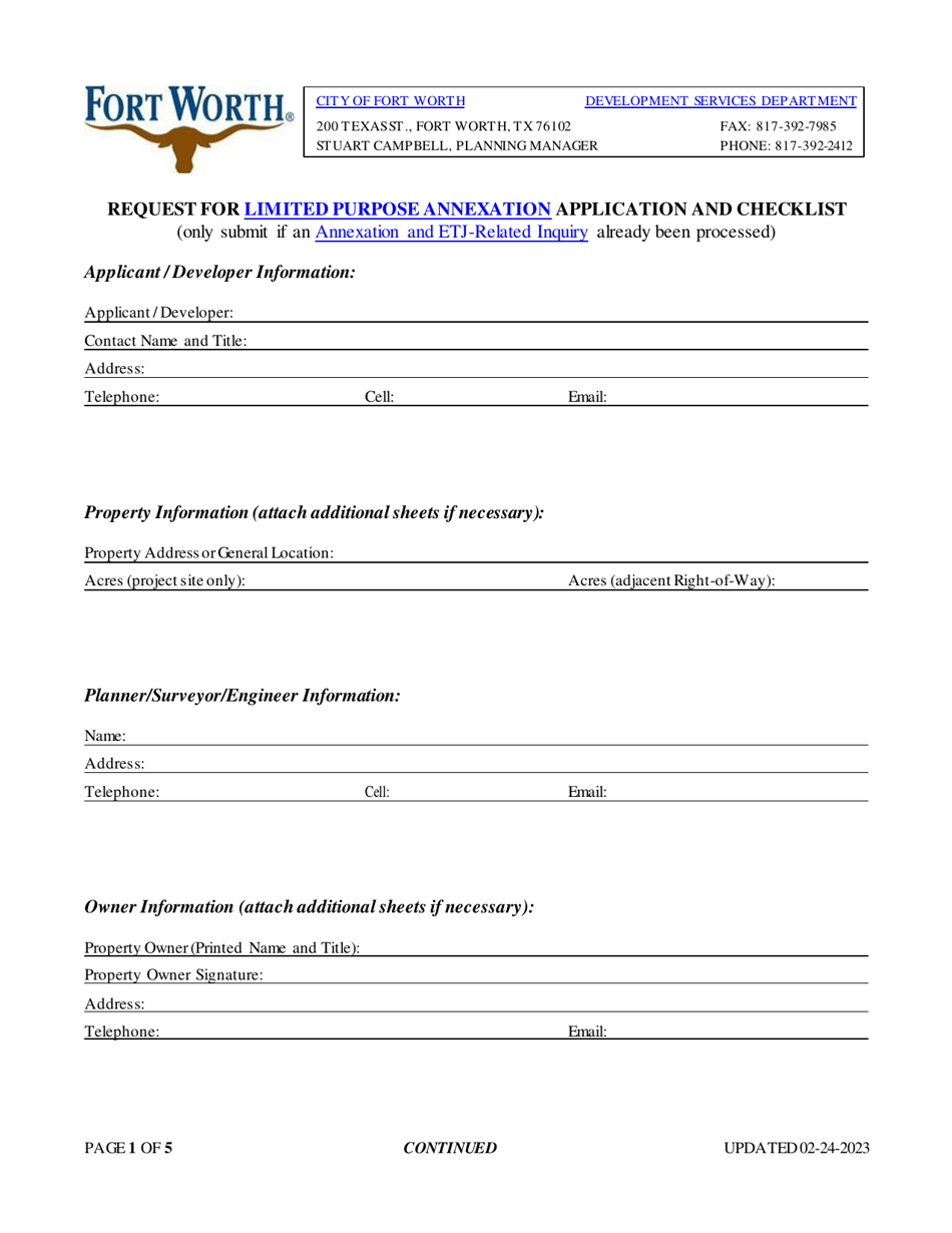 City of Fort Worth, Texas Request for Limited Purpose Annexation ...