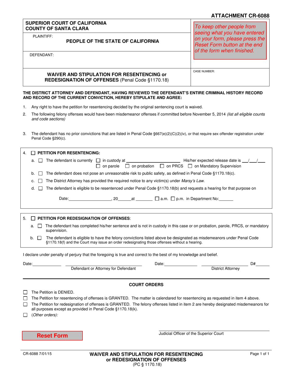 Santa Clara County, California Waiver and Stipulation for Resentencing or Redesignation of ...