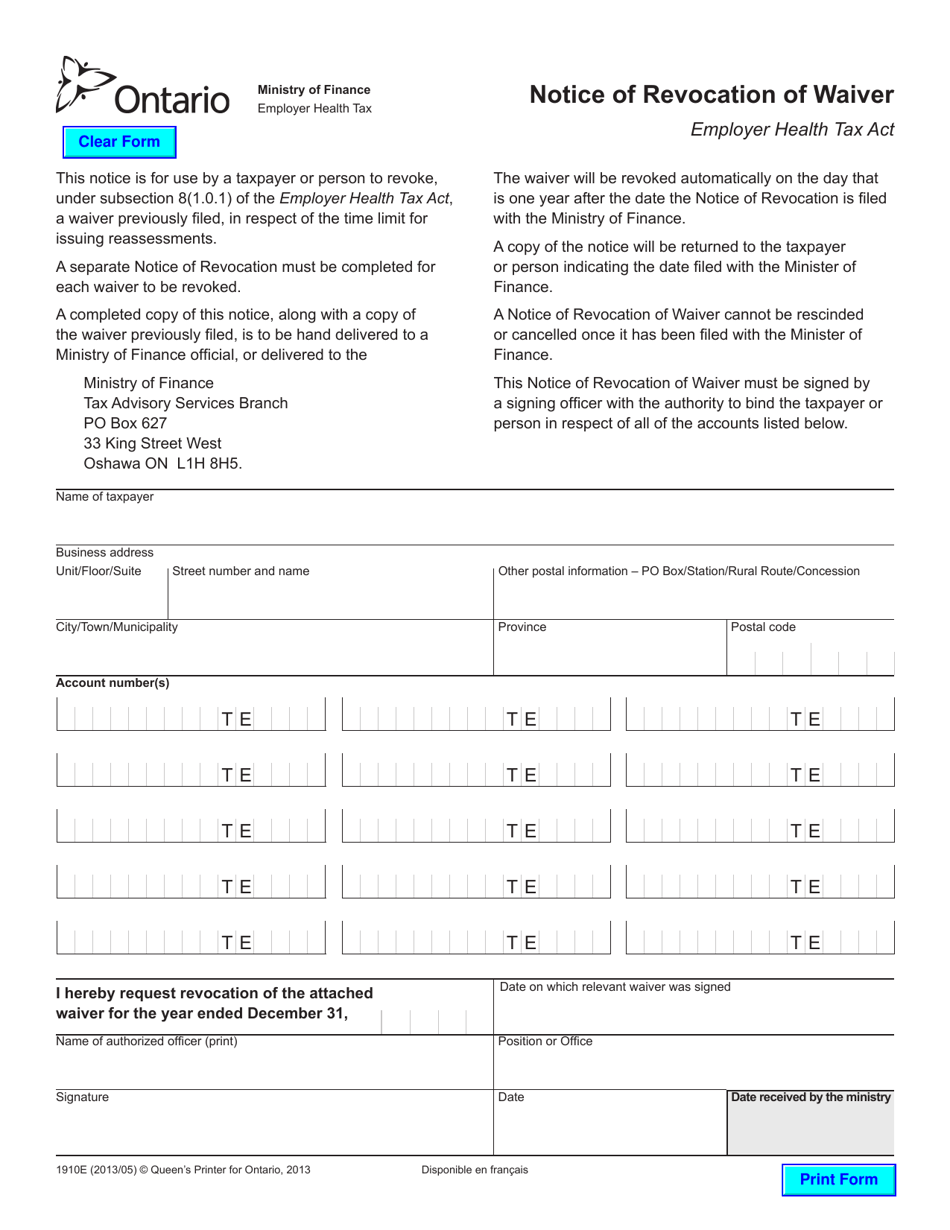 Form 1910E - Fill Out, Sign Online and Download Fillable PDF, Ontario ...