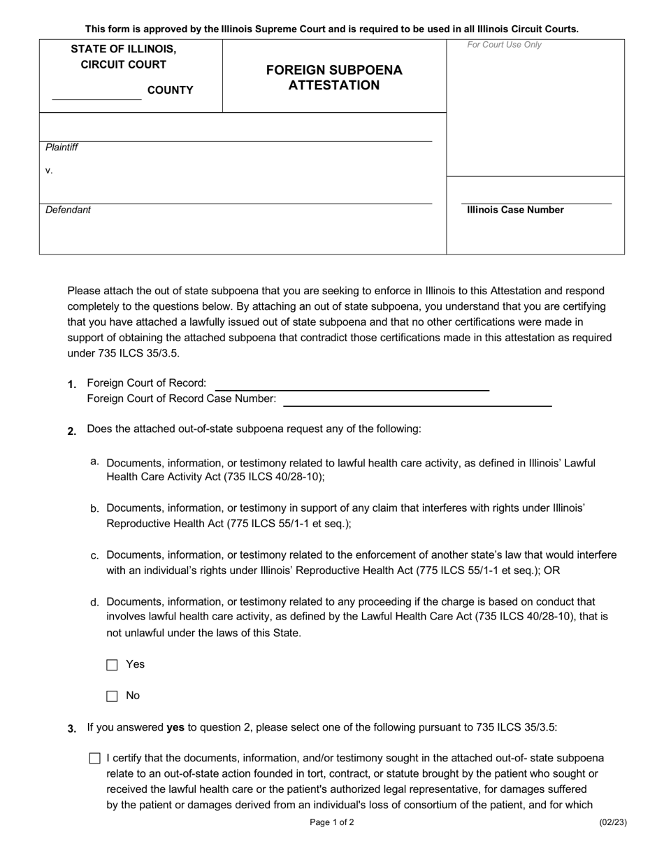Illinois Foreign Subpoena Attestation - Fill Out, Sign Online and ...