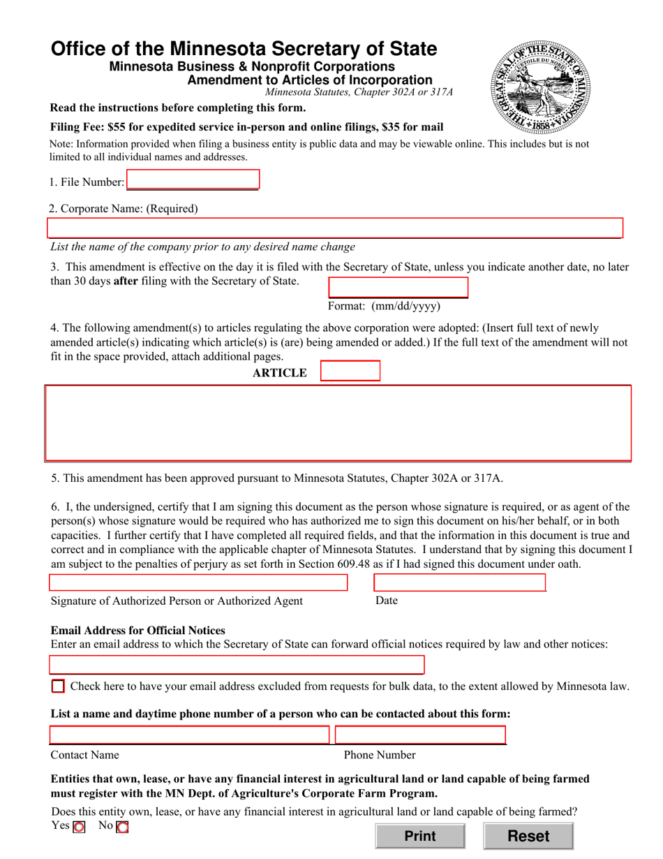 Minnesota Minnesota Business & Nonprofit Corporations Amendment to ...
