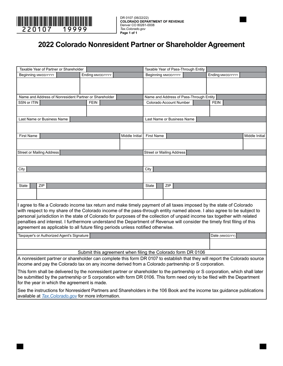 Form DR0107 Download Fillable PDF or Fill Online Colorado Nonresident ...