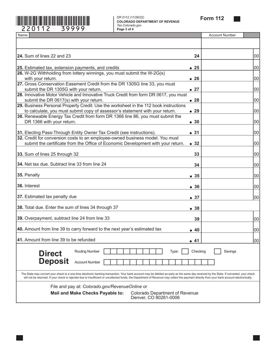 Form 112 (DR0112) - 2022 - Fill Out, Sign Online and Download Fillable PDF, Colorado ...