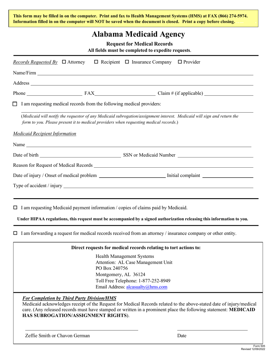 Form 505 - Fill Out, Sign Online and Download Fillable PDF, Alabama ...