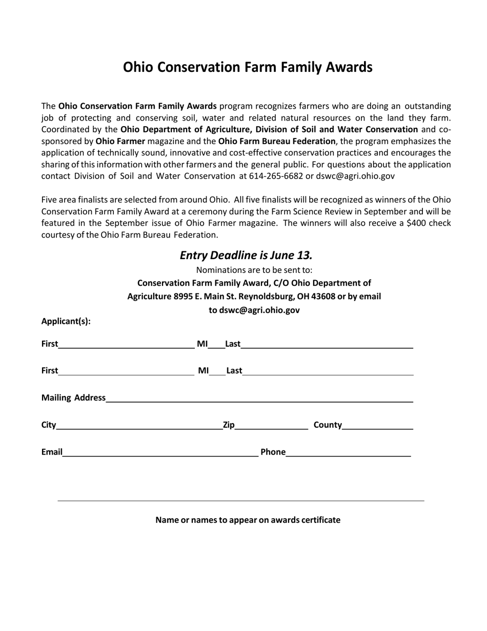 Ohio Ohio Conservation Farm Family Awards Application - Fill Out, Sign ...