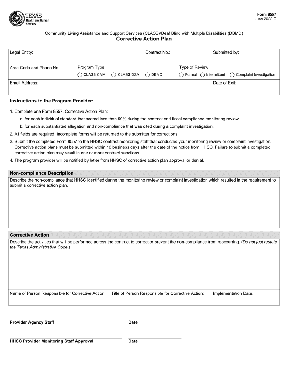 Form 8557 Download Fillable PDF Or Fill Online Corrective Action Plan form-8557-download-fillable-pdf-or-fill-online-corrective-action-plan