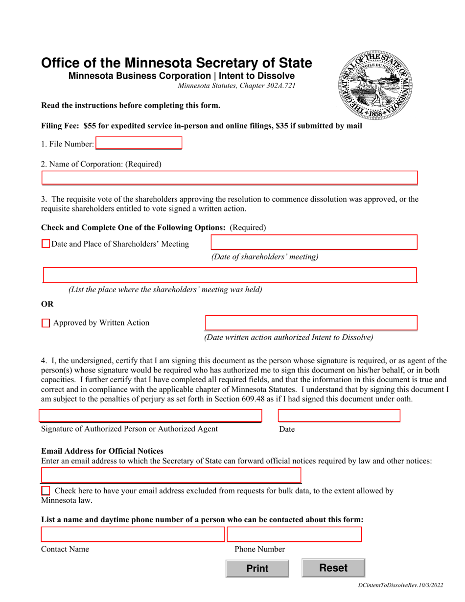 Minnesota Minnesota Business Corporation Intent to Dissolve Download ...
