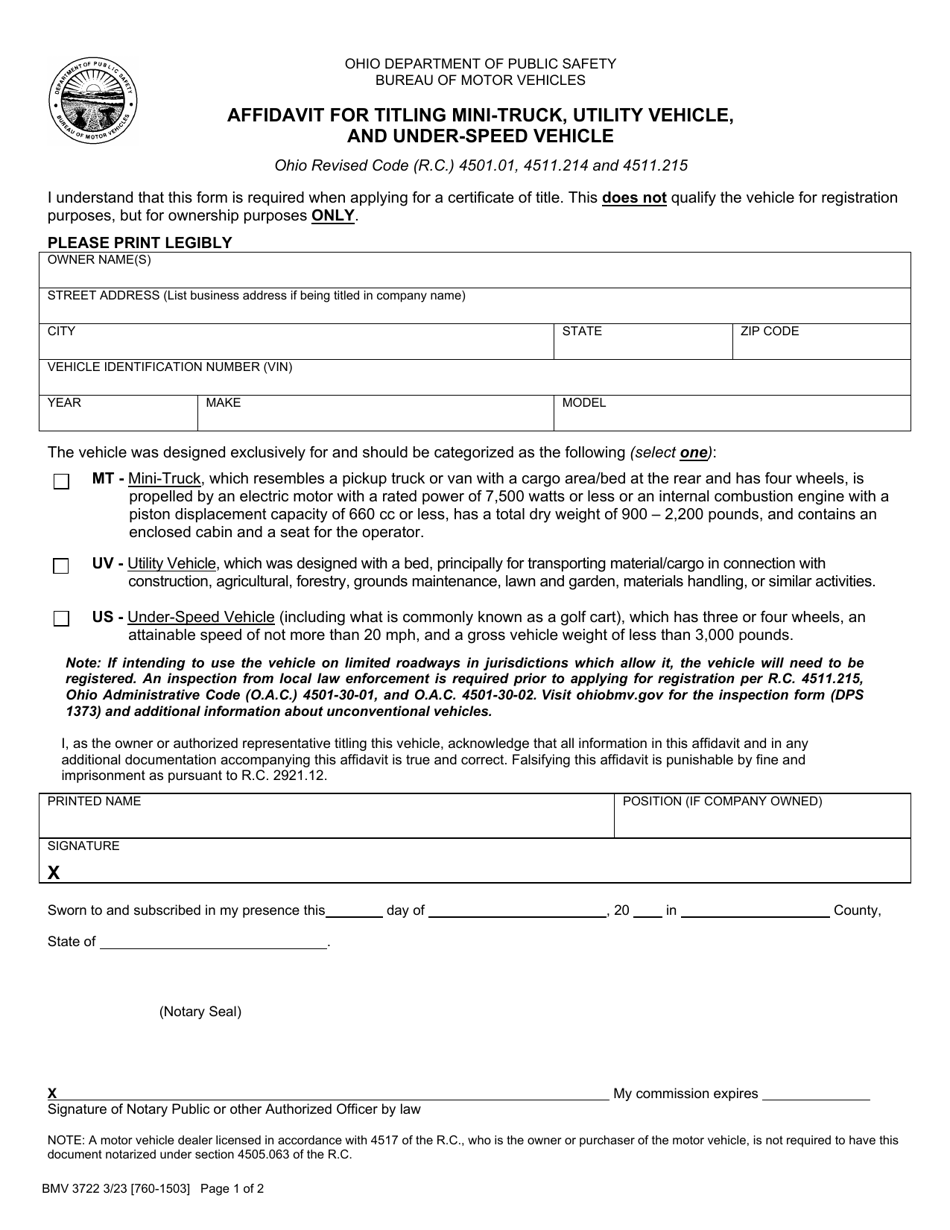Form BMV3722 - Fill Out, Sign Online and Download Printable PDF, Ohio ...