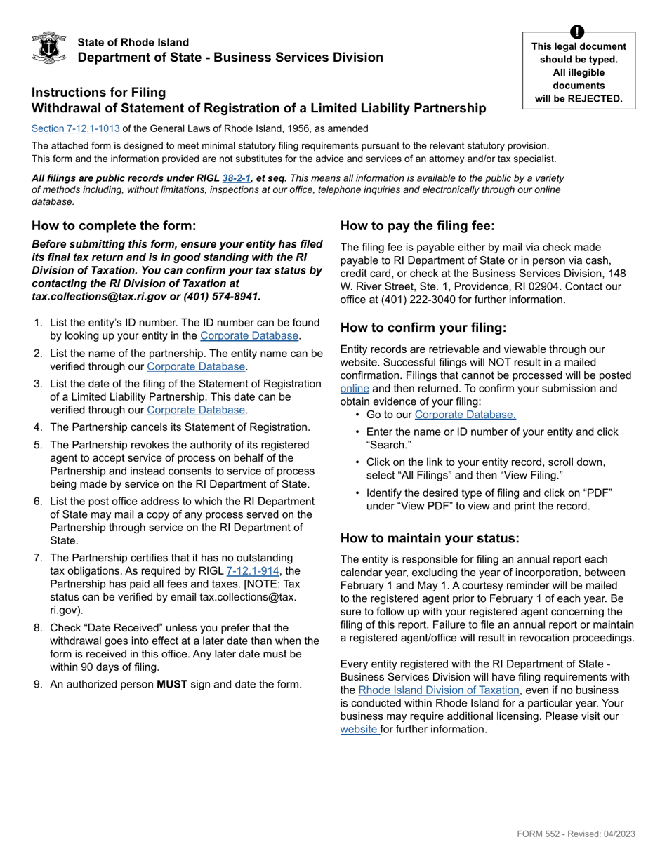 Form 552 - Fill Out, Sign Online and Download Fillable PDF, Rhode ...