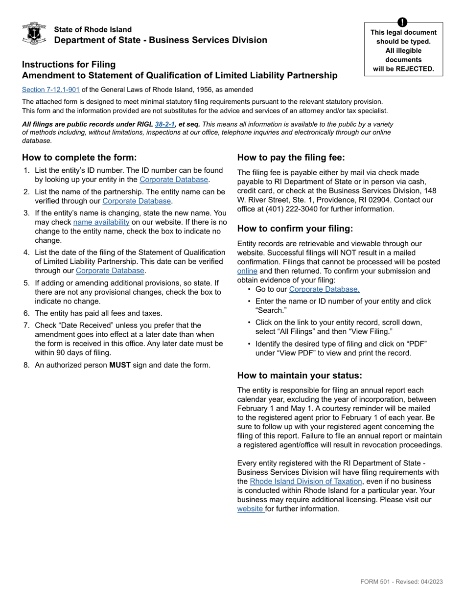 Form 501 - Fill Out, Sign Online and Download Fillable PDF, Rhode ...