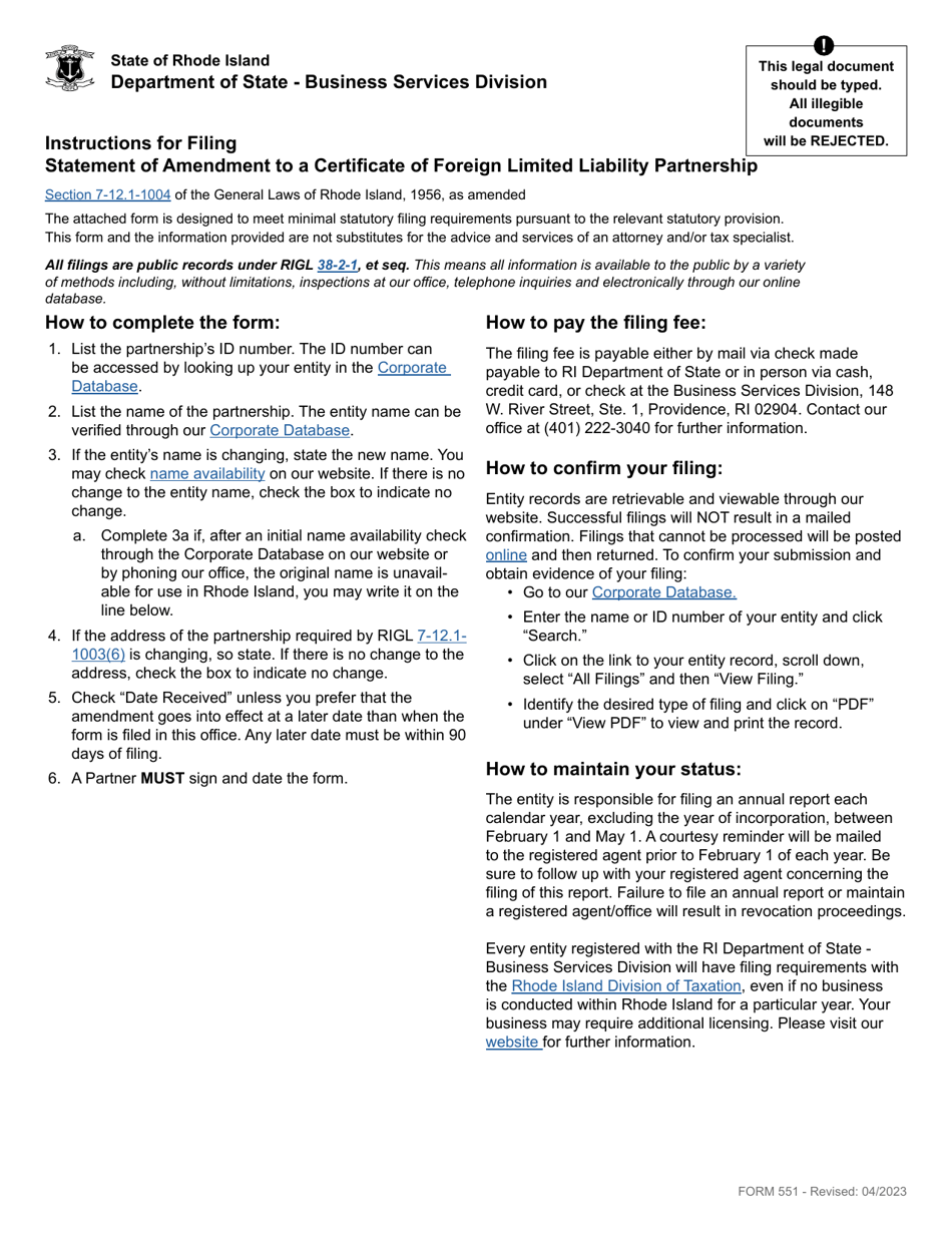 Form 551 - Fill Out, Sign Online and Download Fillable PDF, Rhode ...