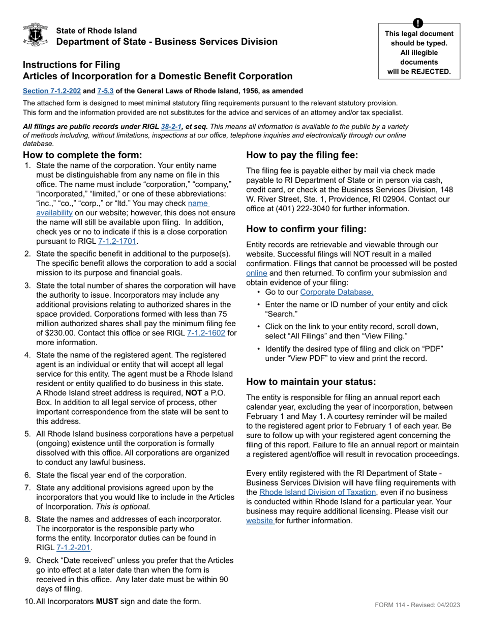 Form 114 Download Fillable PDF or Fill Online Articles of Incorporation ...