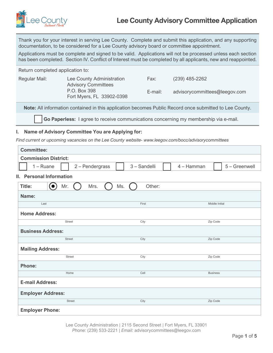 Lee County, Florida Advisory Committee Application - Fill Out, Sign ...