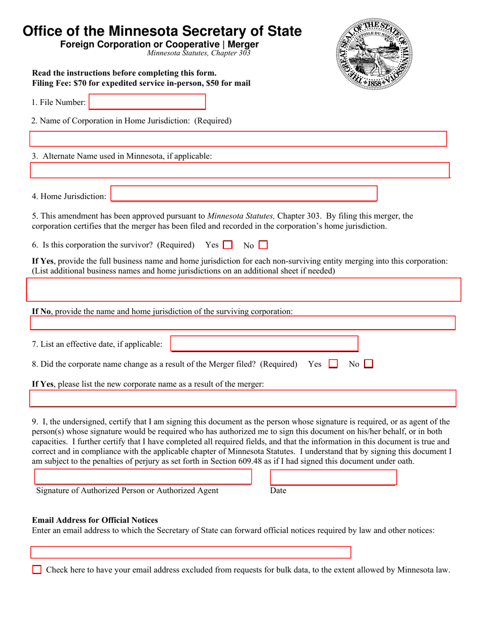 Minnesota Foreign Corporation or Cooperative Merger Form Download ...