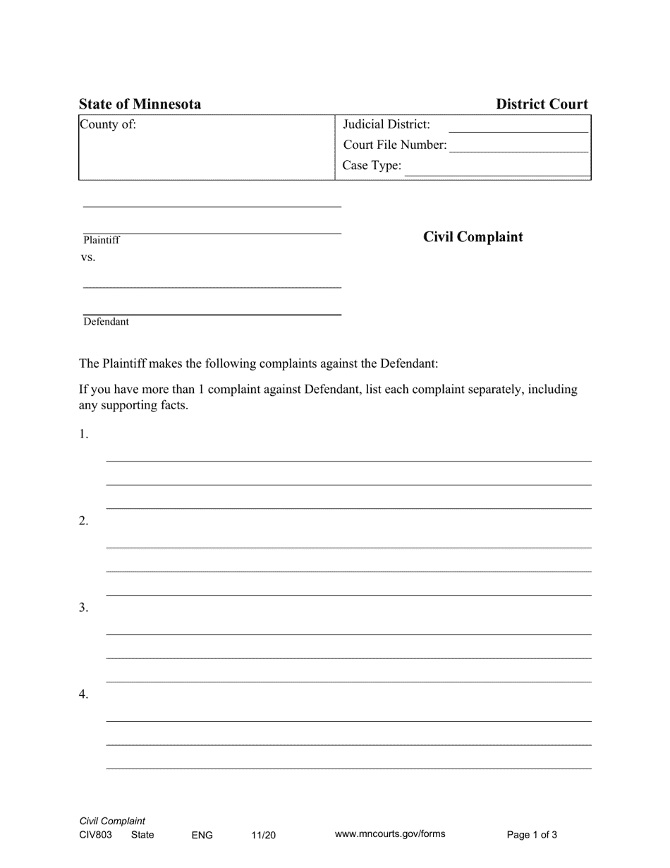 Form CIV803 - Fill Out, Sign Online and Download Fillable PDF, Minnesota | Templateroller