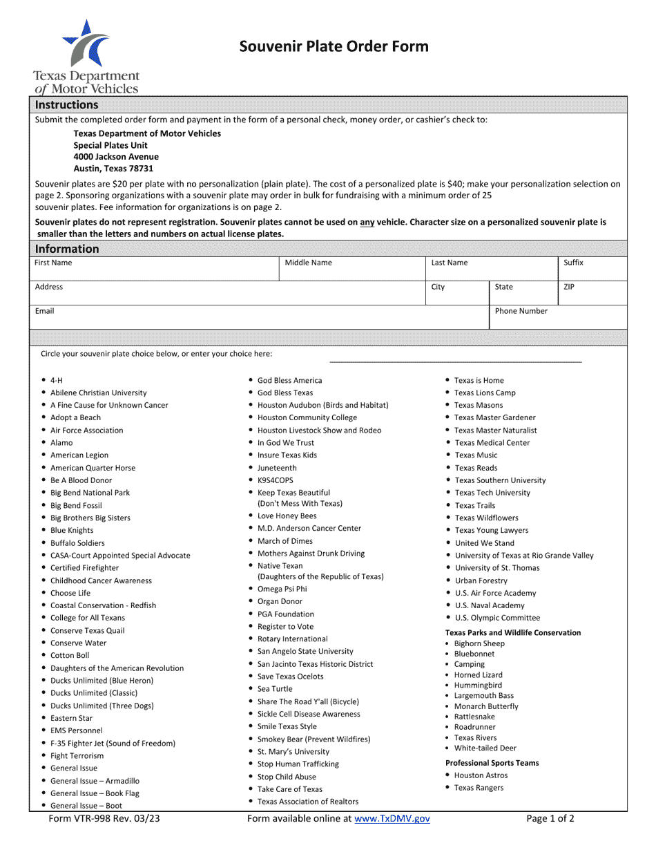 Form VTR-998 - Fill Out, Sign Online and Download Fillable PDF, Texas ...