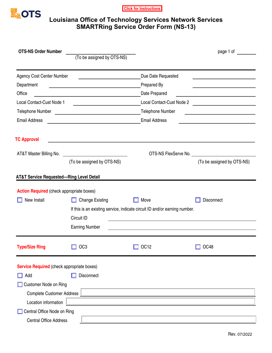 Form NS-13 Download Fillable PDF or Fill Online Smartring Service Order Form, Louisiana 2021 ...