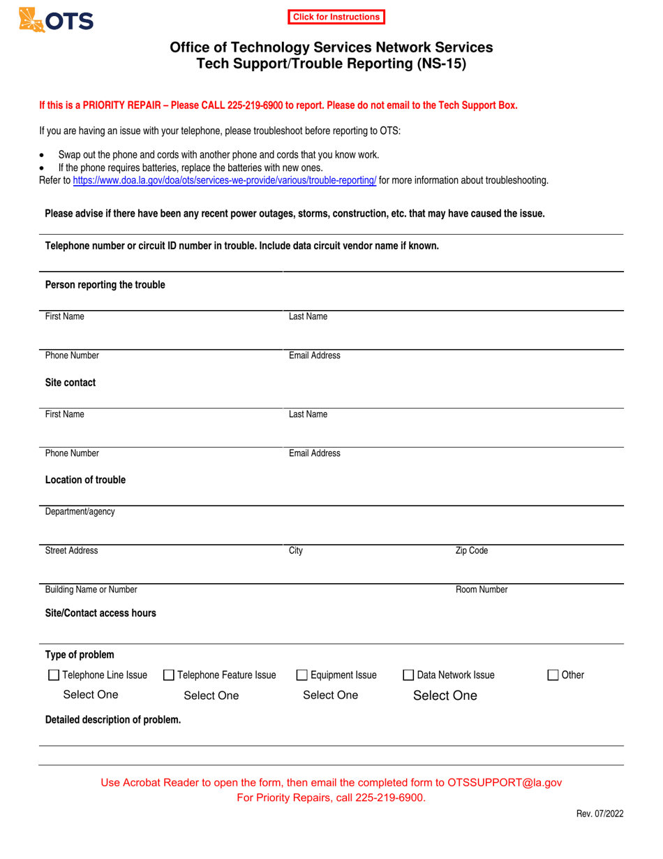Form NS-15 Download Fillable PDF or Fill Online Tech Support/Trouble ...