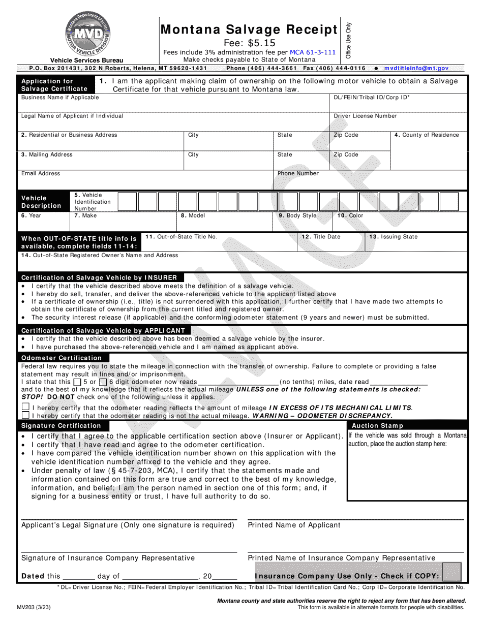 Form MV203 Download Fillable PDF or Fill Online Montana Salvage Receipt ...