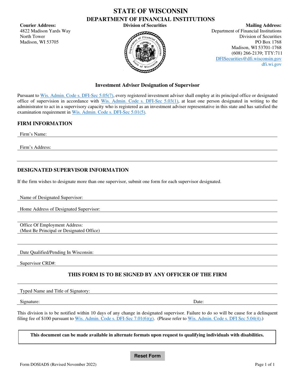 Form DOSIADS - Fill Out, Sign Online and Download Fillable PDF, Wisconsin | Templateroller