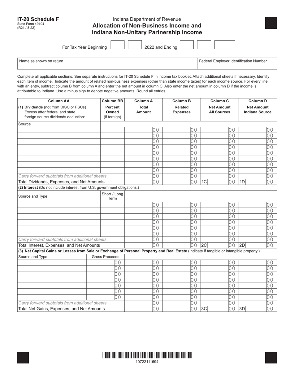 Form IT-20 (State Form 49104) Schedule F - 2022 - Fill Out, Sign Online ...
