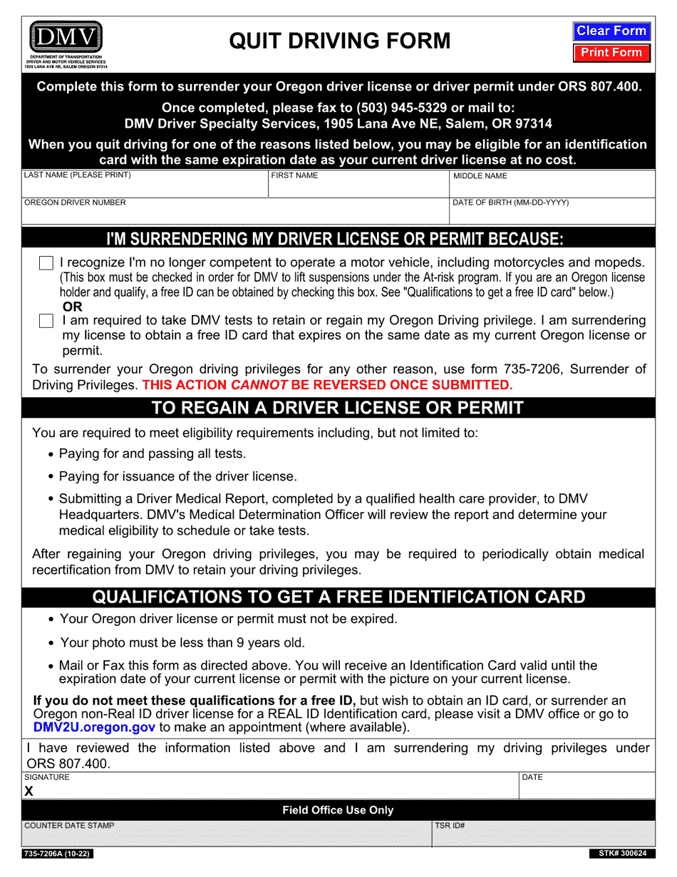 Form 735-7206A Download Fillable PDF or Fill Online Quit Driving Form ...