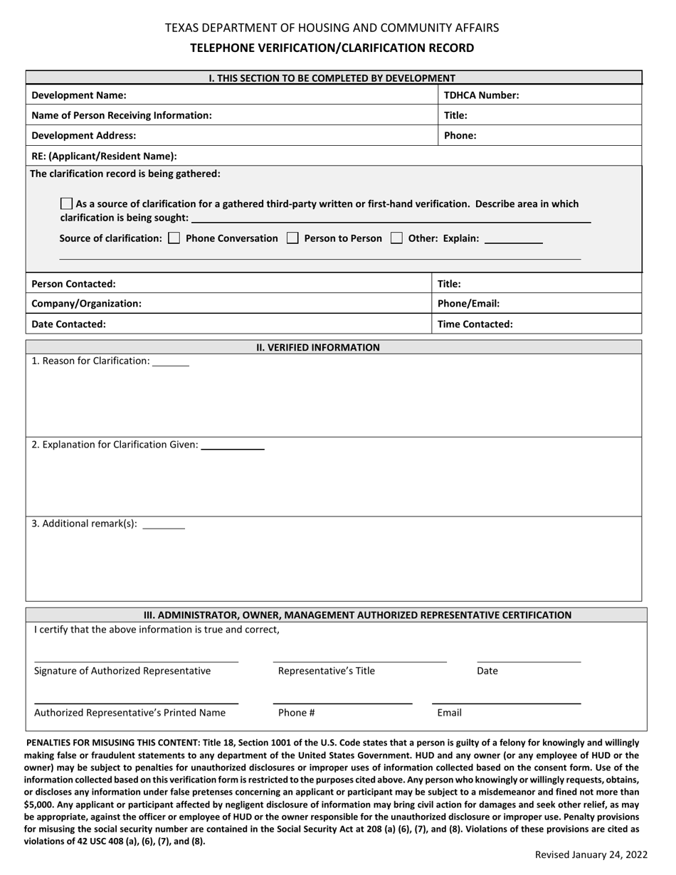 Texas Telephone Verification/Clarification Record - Fill Out, Sign ...