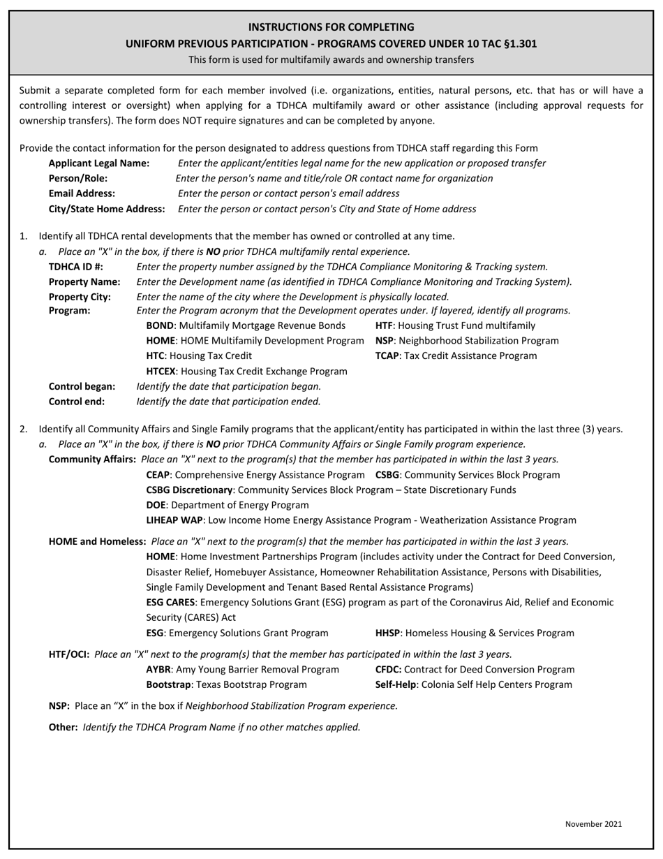 Texas Uniform Previous Participation Form for Multifamily and Ownership ...