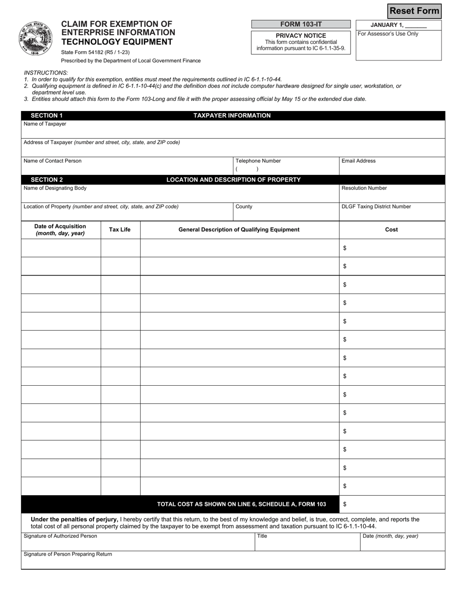 State Form 54182 (103-IT) Download Fillable PDF or Fill Online Claim ...