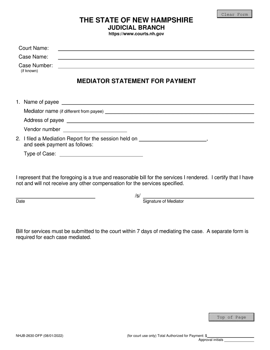 Form NHJB-2630-DFP Download Fillable PDF or Fill Online Mediator Statement for Payment, New ...