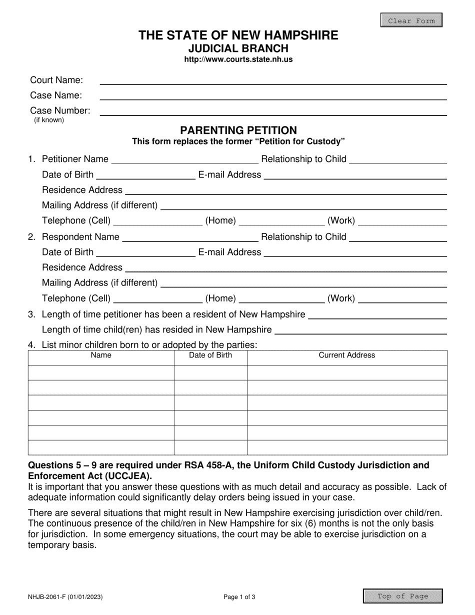 Form NHJB-2061-F Download Fillable PDF or Fill Online Parenting Petition, New Hampshire 2018 ...