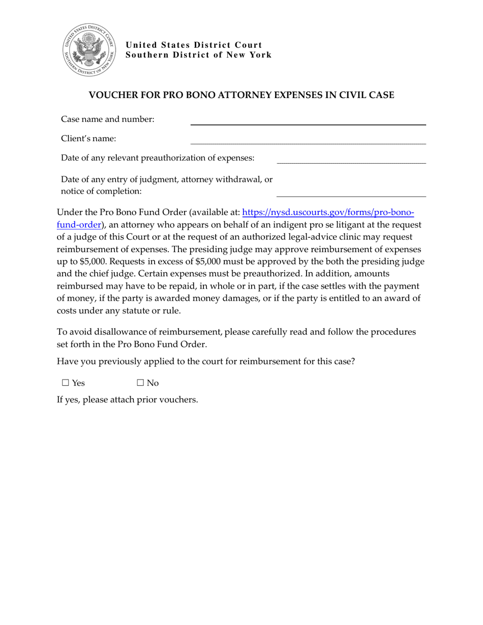New York Voucher for Pro Bono Attorney Expenses in Civil Case - Fill ...