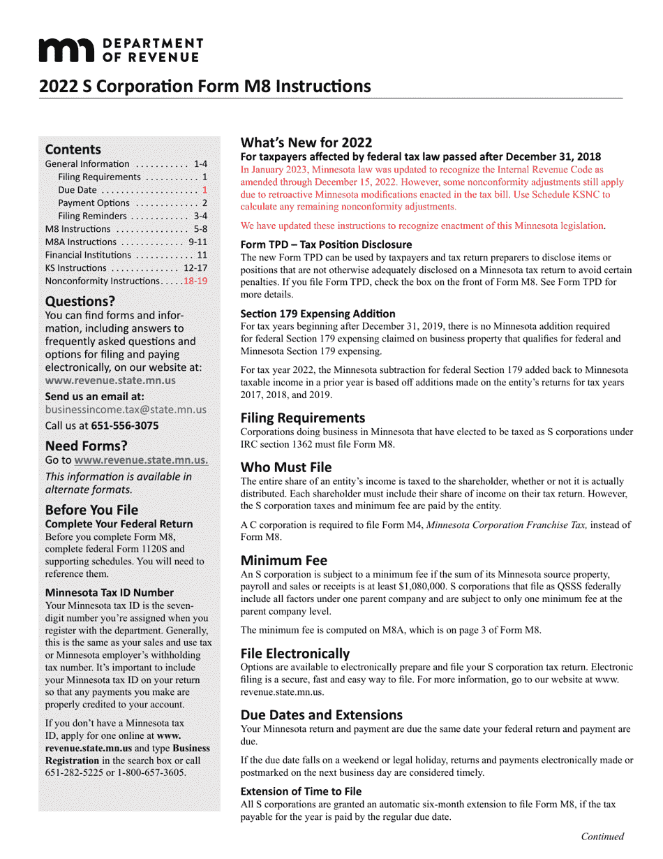 Download Instructions for Form M8 S Corporation Return PDF, 2022 ...